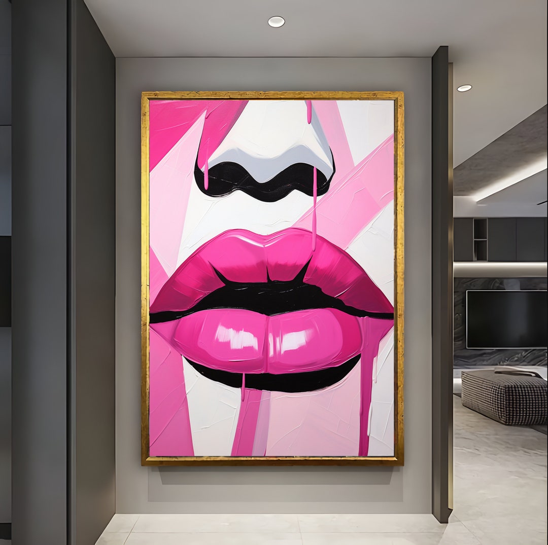 Big Pink Lips Wall Art, Lip Wall Art, Pink Wall Art, Oil Painting ...