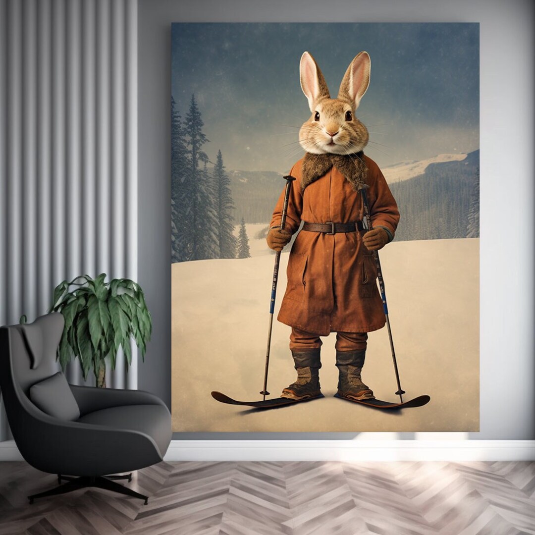 Skiing Bunny Wall Decor, Rabbit Retro Style Wall Decor, Funny Animal ...