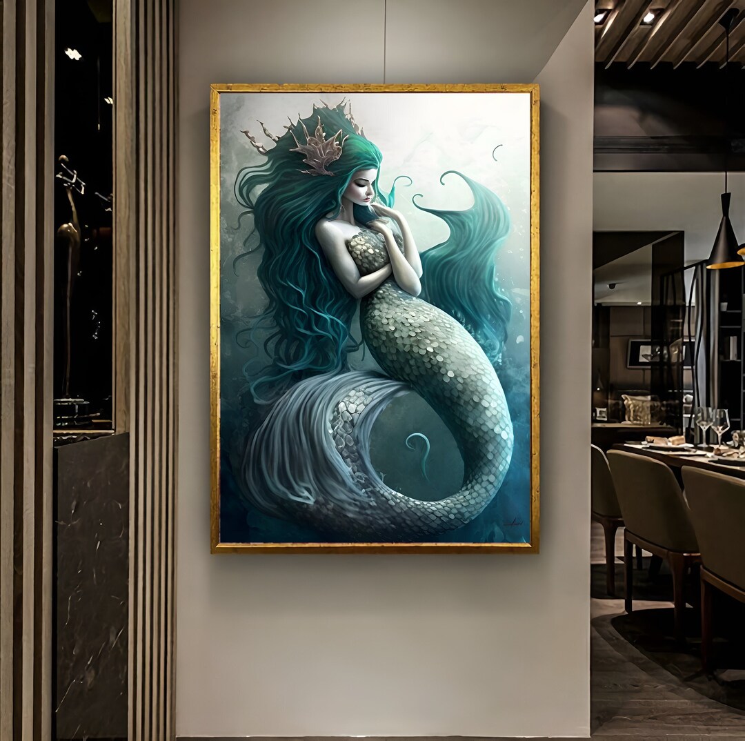 Mermaid in Water, Fishes and Mermaid Canvas Wall Art, Mermaid Canvas ...