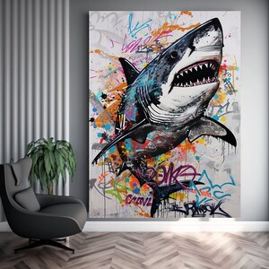 Shark Gift Banksy Canvas Fish Decor Banksy Decor Canvas Print Large ...