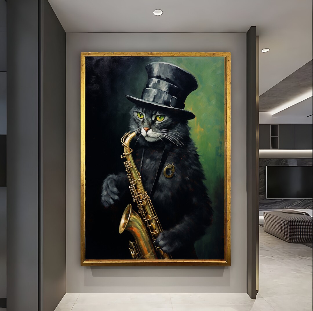 Cat Playing Saxophone Wall Art, Funny Cat Wall Decor, Cat DIY Paint ...