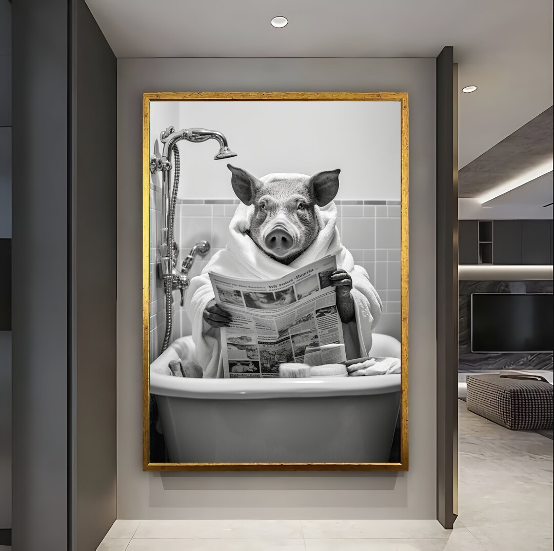 Funny Animal Bathroom Decor Black and White Canvas Print Unique Gift ...