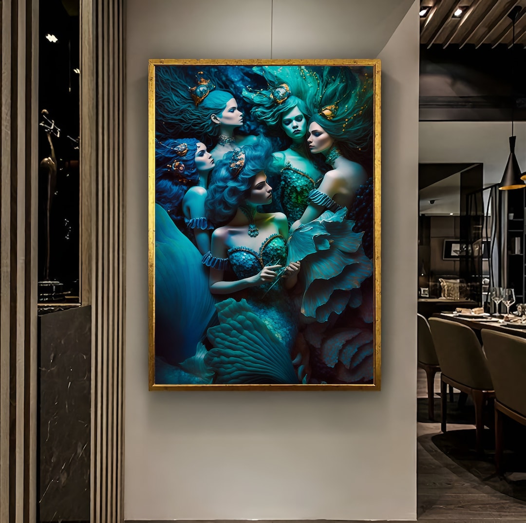 Mermaid in Water, Fishes and Mermaid Canvas Wall Art, Mermaid Canvas ...