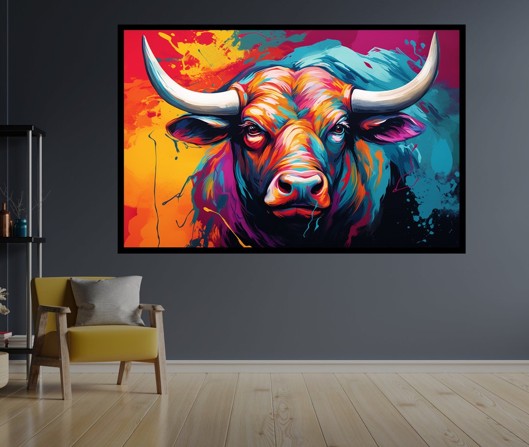 Bull Wall Art, Colorful Bull Canvas Painting, Nursery Wall Art ...