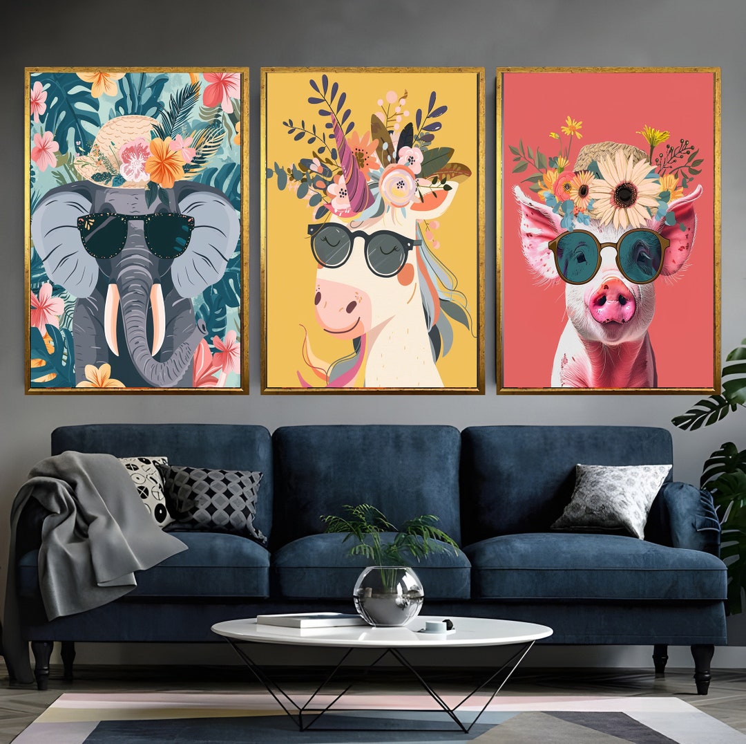 Floral Animals Art, Elephant Print Pig Design İnterior Decor Nursery ...