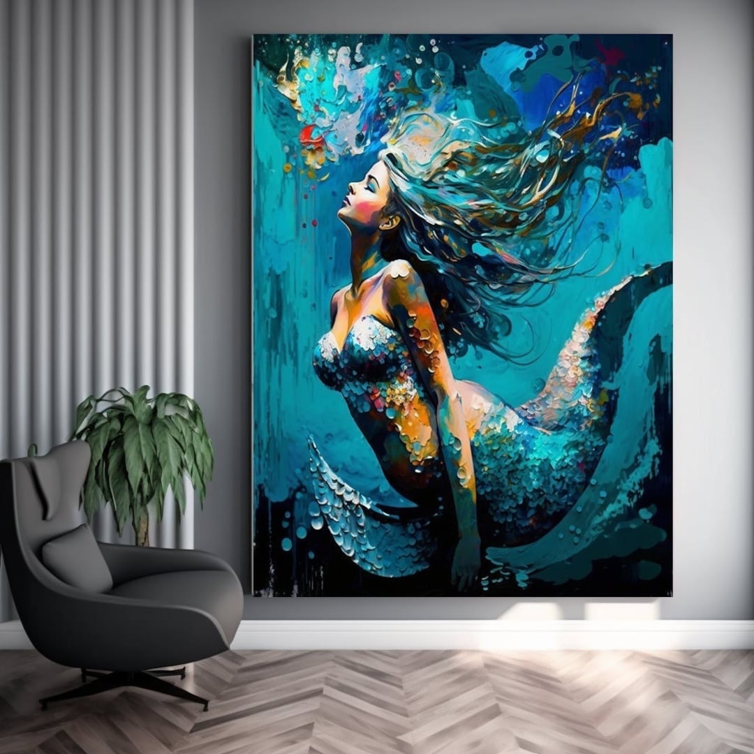 Mermaid in Water, Fishes and Mermaid Canvas Wall Art, Mermaid Canvas ...