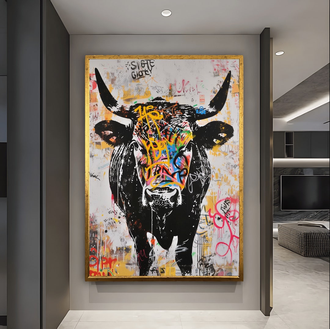 Bull Decor, Graffiti Painting Bull Wall Art Wall Hanging Interior Decor ...