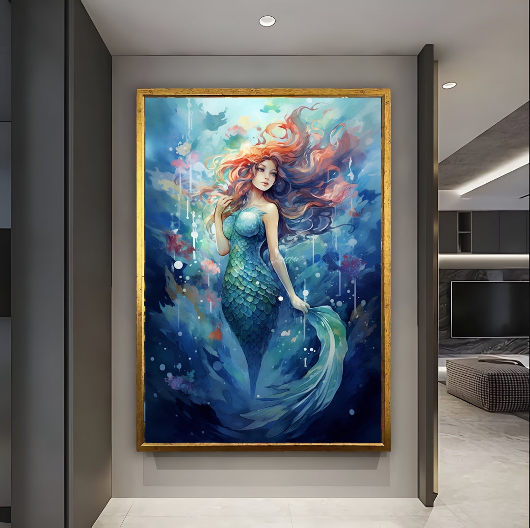 Mermaid in Water, Fishes and Mermaid Canvas Wall Art, Mermaid Canvas ...
