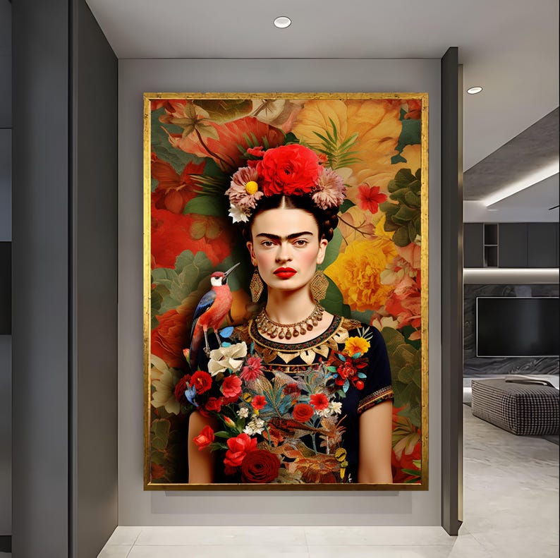 Frida Kahlo and Flowers Wall Art, Frida Kahlo Colorful Wall Art ...