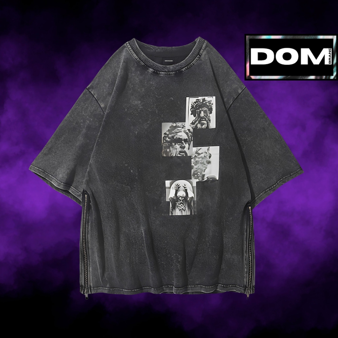 Four Face Statues Print Distressed Zipper Tshirt Hip Hop Harajuku ...