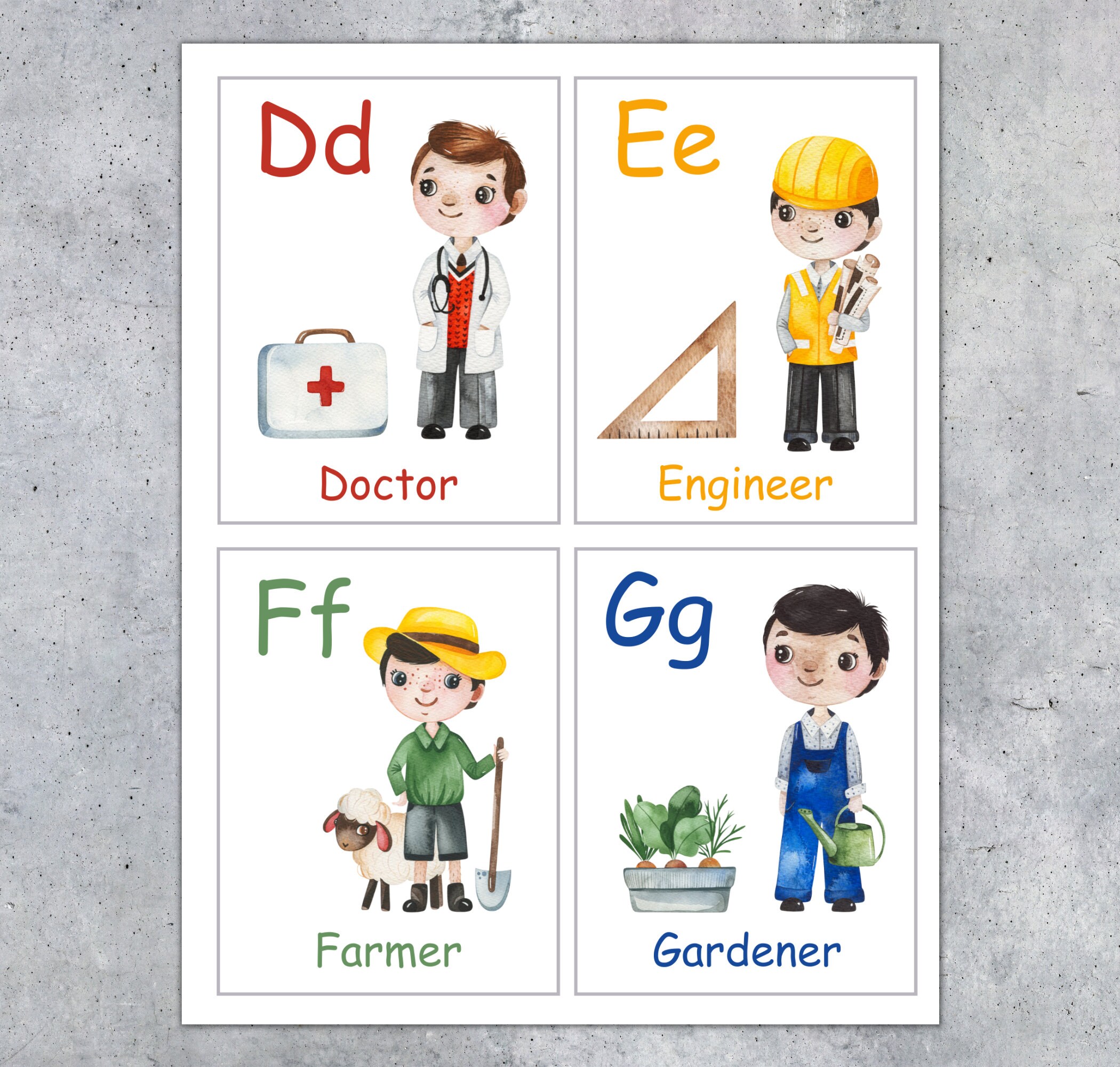 OCCUPATIONS Alphabet Flashcards. Watercolor Letter Cards. Kids ...