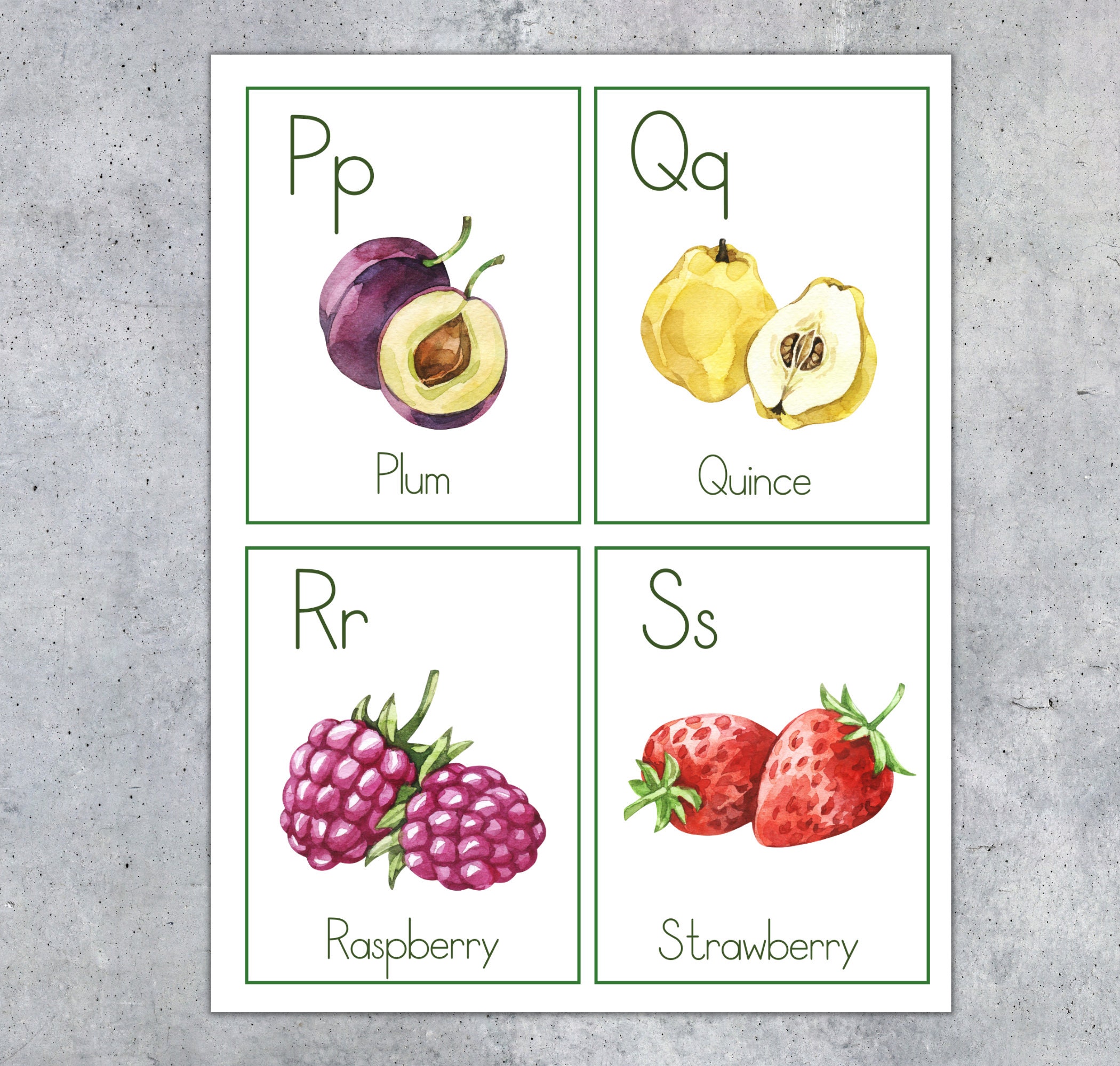 Fruit and Vegetables Alphabet Flashcards. Watercolor Letter Cards. Kids ...