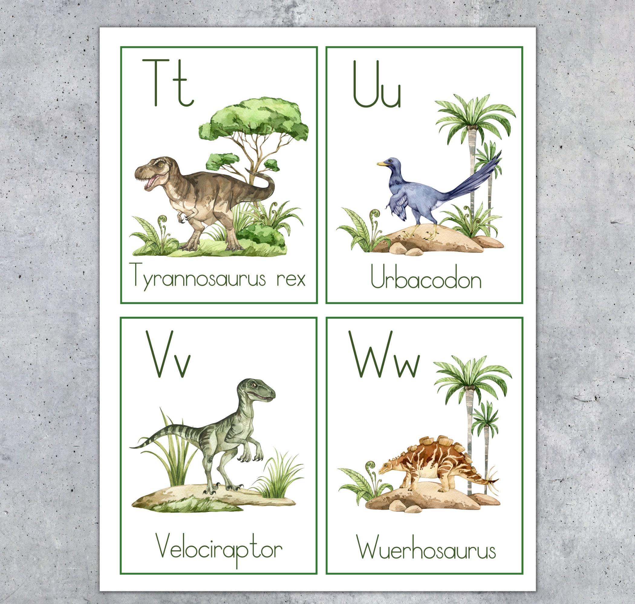 Dinosaur Alphabet Flashcards. Watercolor Letter Cards. Kids Printable ...