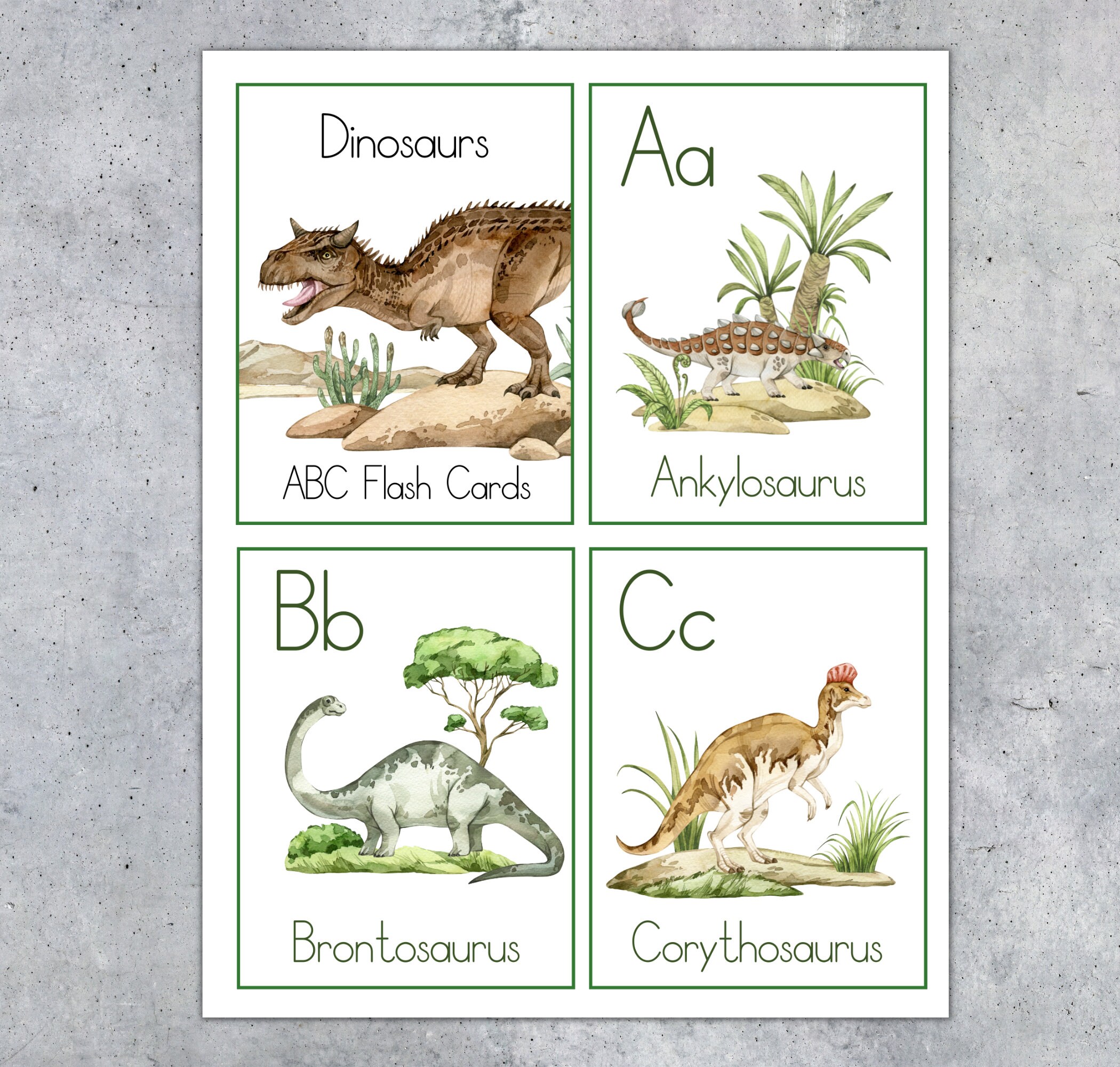 Dinosaur Alphabet Flashcards. Watercolor Letter Cards. Kids Printable ...
