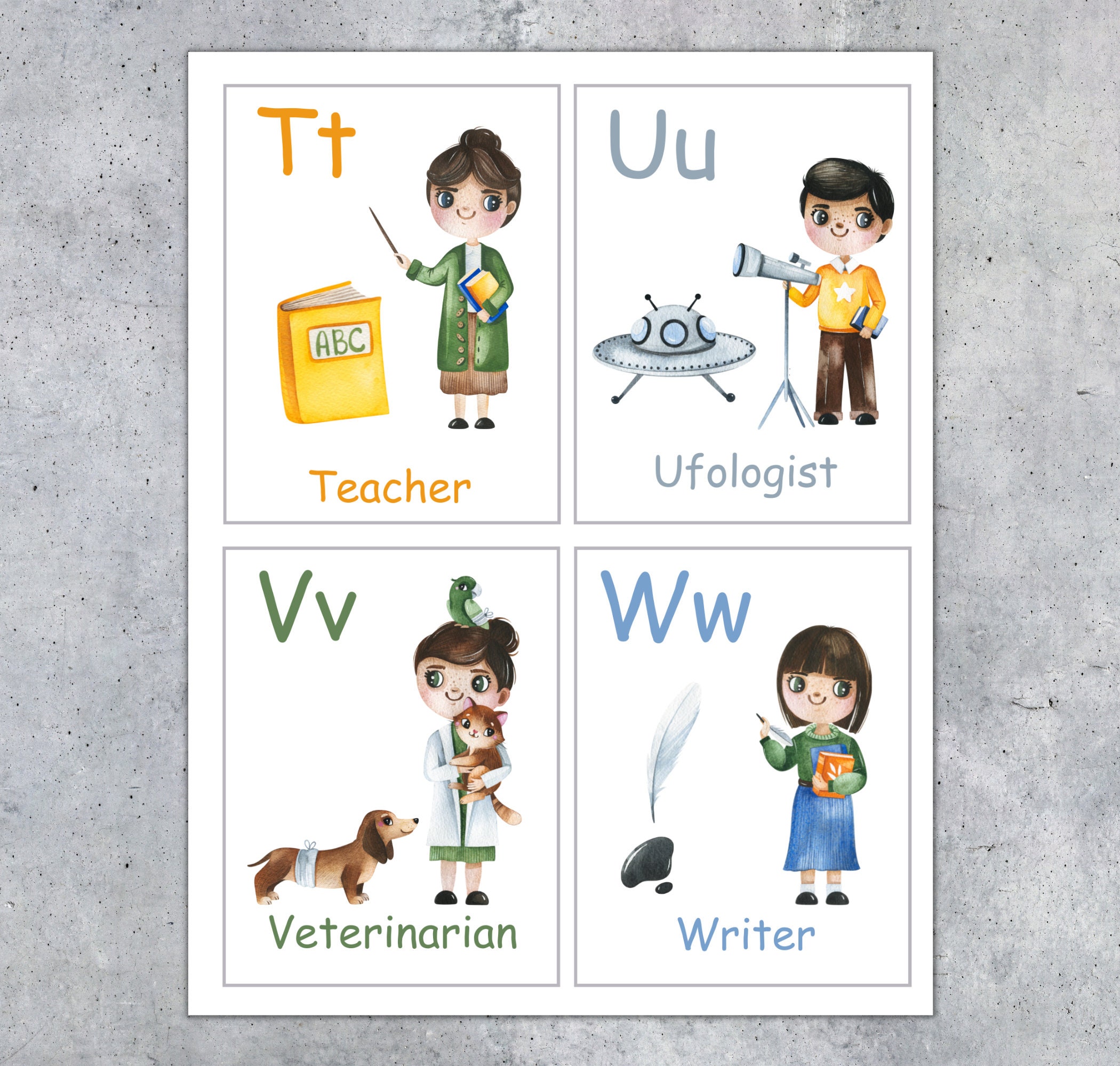 OCCUPATIONS Alphabet Flashcards. Watercolor Letter Cards. Kids ...