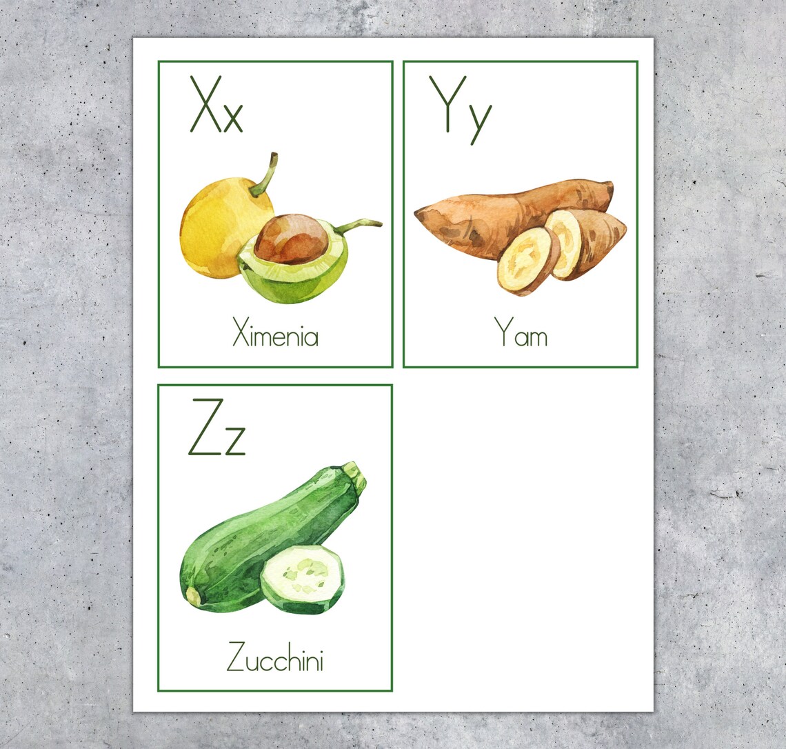 Fruit and Vegetables Alphabet Flashcards. Watercolor Letter Cards. Kids ...