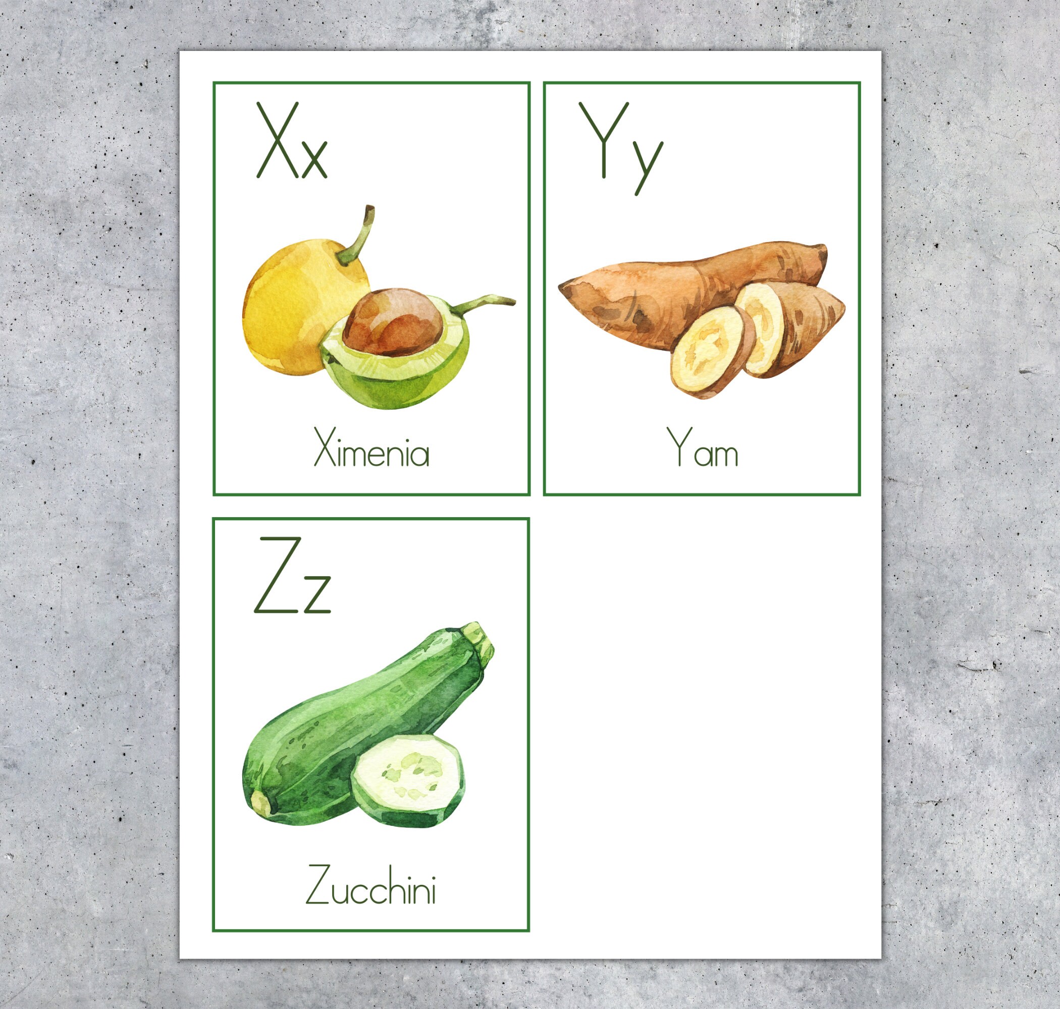 Fruit and Vegetables Alphabet Flashcards. Watercolor Letter Cards. Kids ...