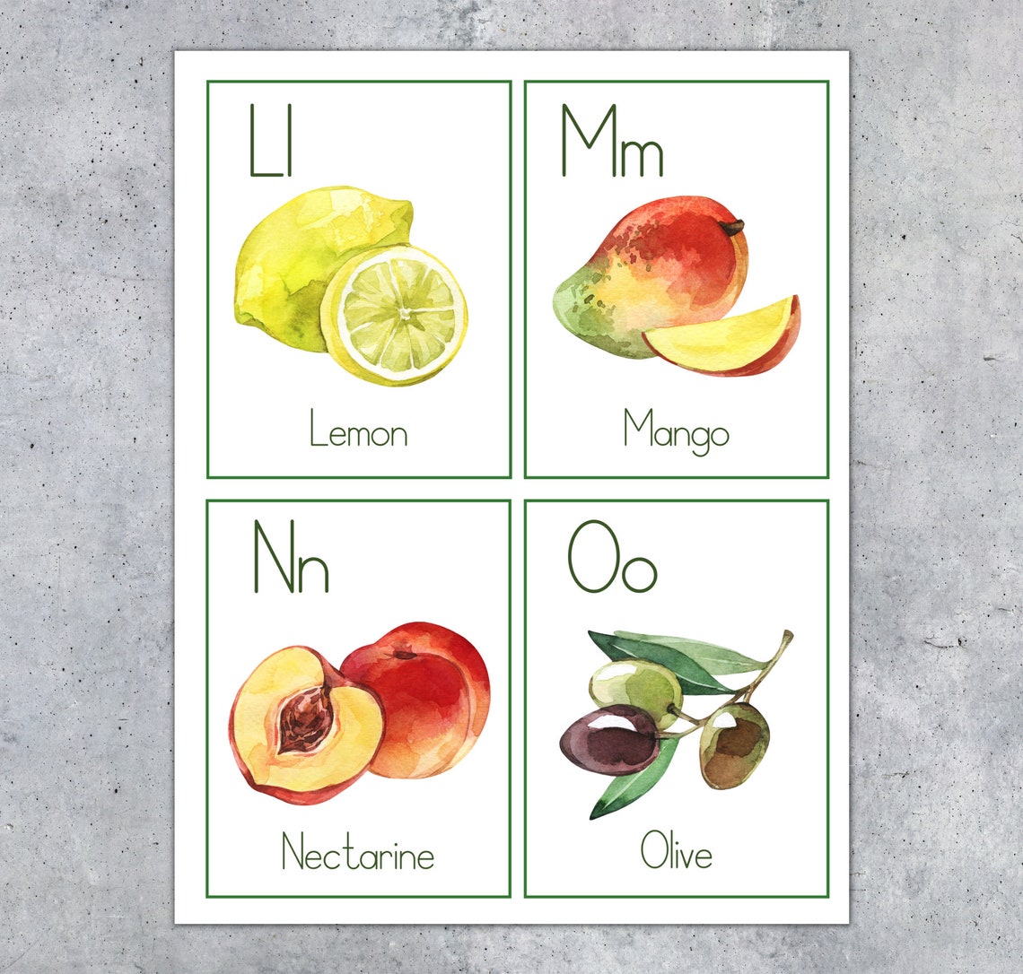 Fruit and Vegetables Alphabet Flashcards. Watercolor Letter Cards. Kids ...