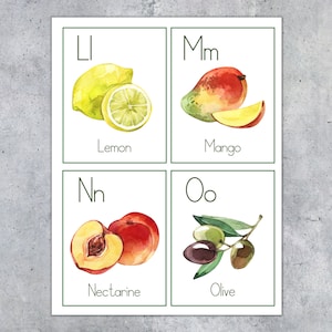 Fruit and Vegetables Alphabet Flashcards. Watercolor Letter Cards. Kids ...