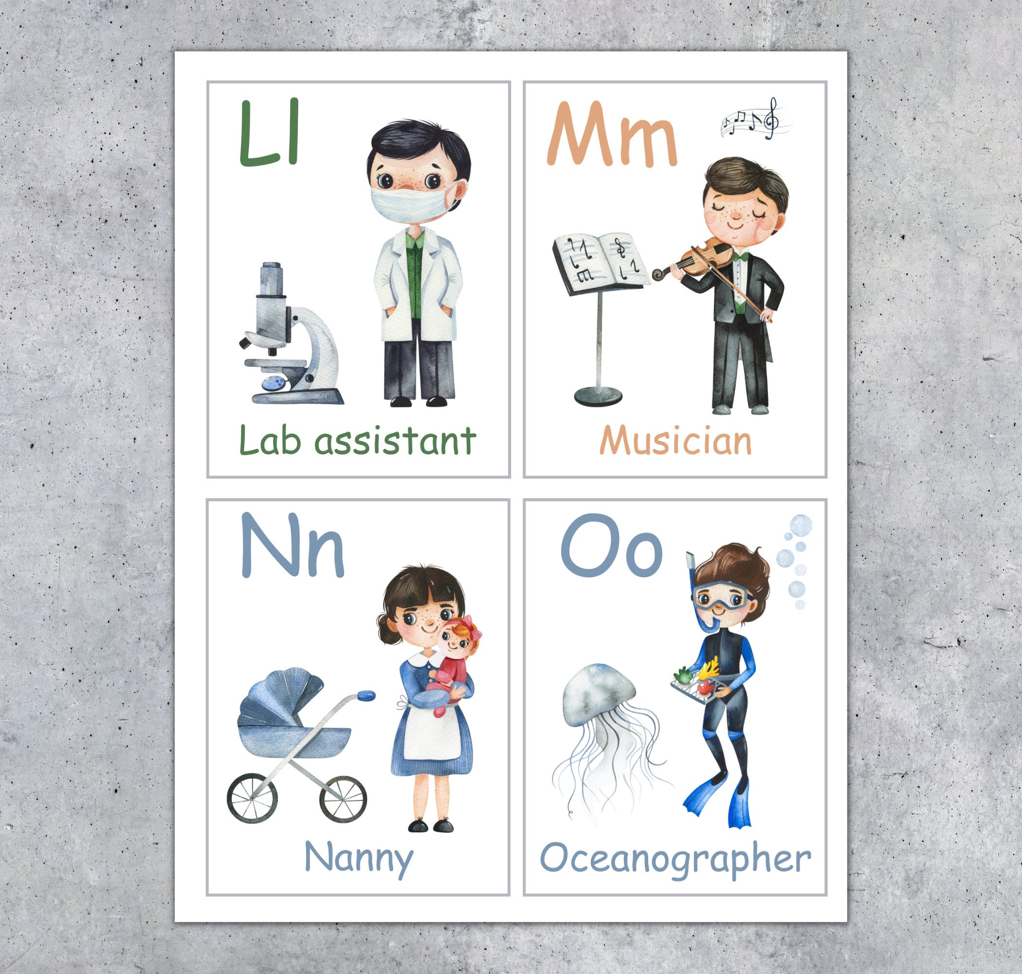 OCCUPATIONS Alphabet Flashcards. Watercolor Letter Cards. Kids ...