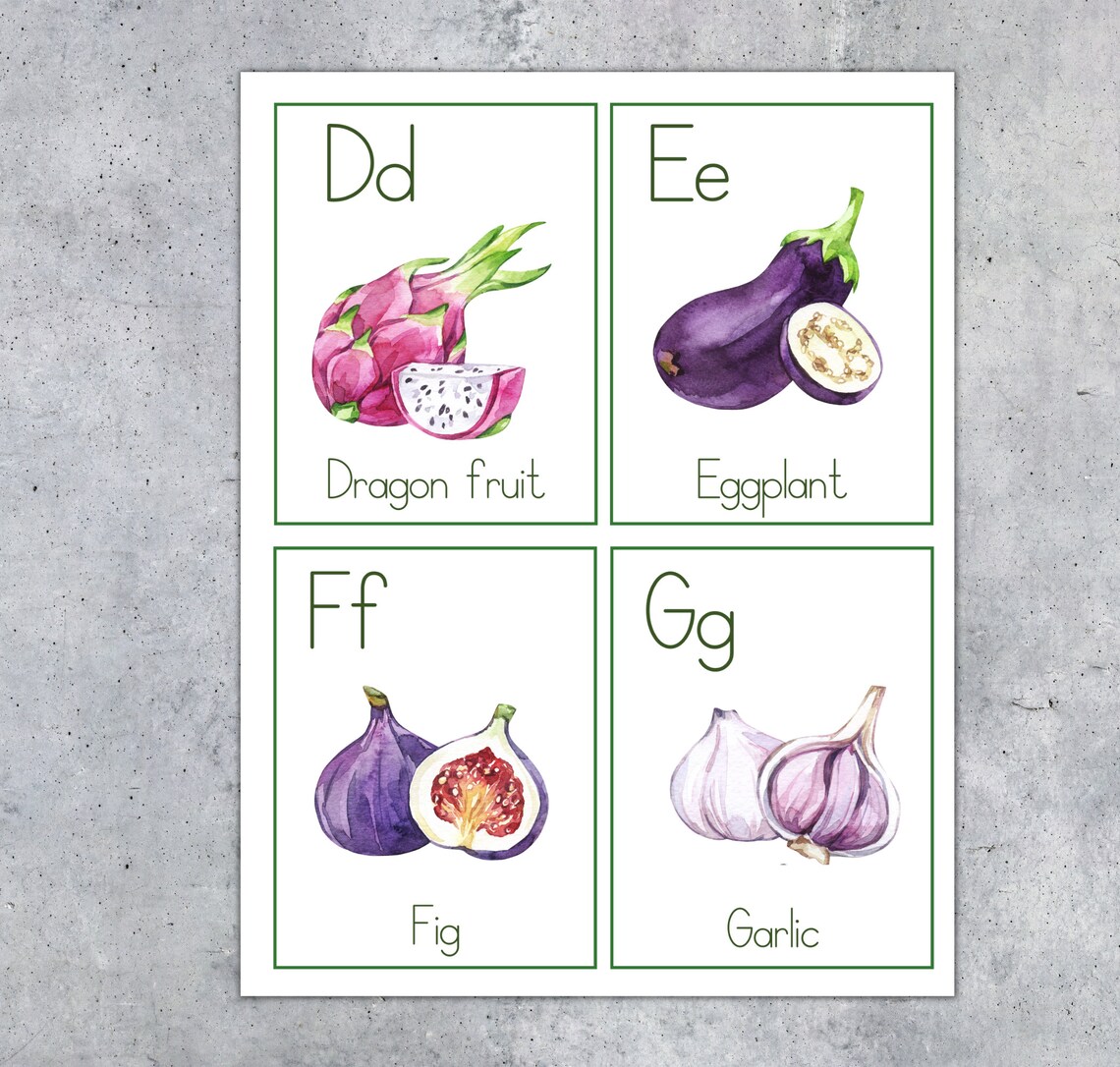 Fruit and Vegetables Alphabet Flashcards. Watercolor Letter Cards. Kids ...