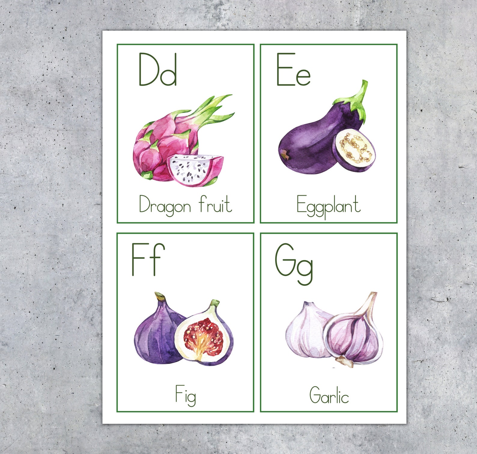 Fruit and Vegetables Alphabet Flashcards. Watercolor Letter Cards. Kids ...