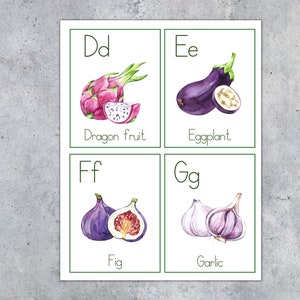 Fruit and Vegetables Alphabet Flashcards. Watercolor Letter Cards. Kids ...