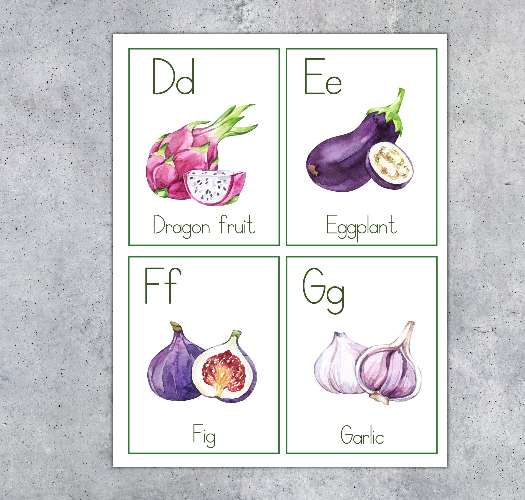 Fruit and Vegetables Alphabet Flashcards. Watercolor Letter Cards. Kids ...