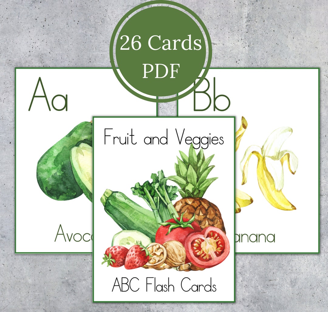 Fruit and Vegetables Alphabet Flashcards. Watercolor Letter Cards. Kids ...