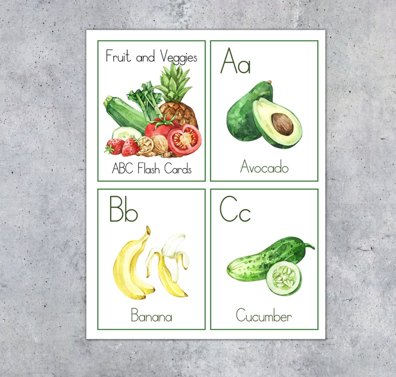 Fruit and Vegetables Alphabet Flashcards. Watercolor Letter Cards. Kids ...