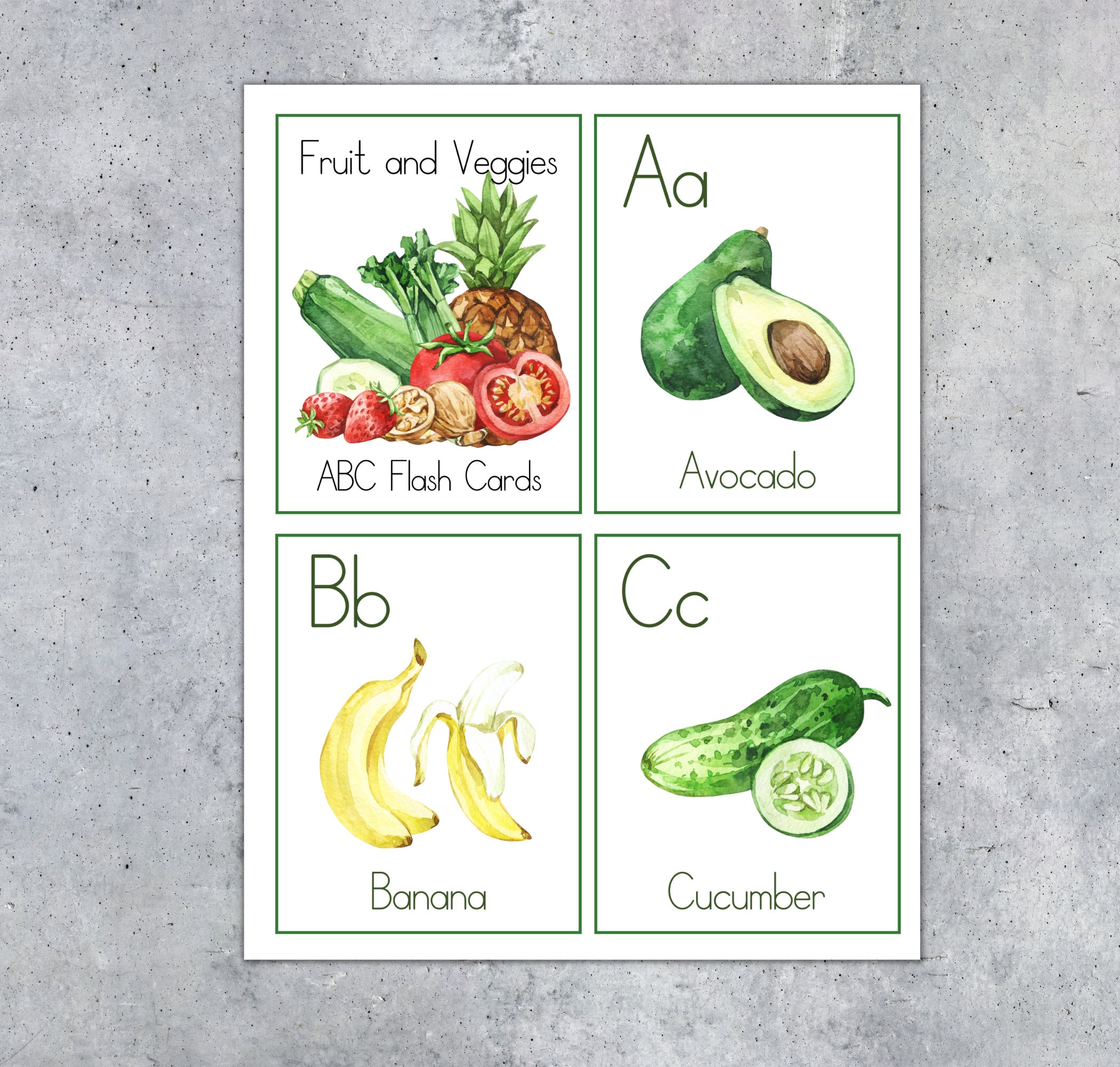 Fruit and Vegetables Alphabet Flashcards. Watercolor Letter Cards. Kids ...