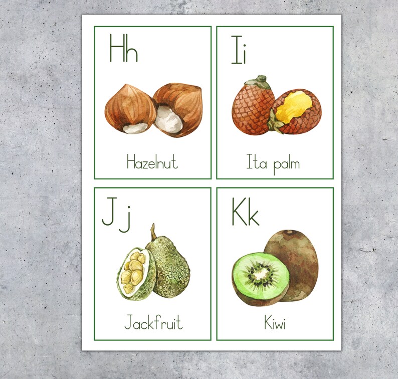 Fruit and Vegetables Alphabet Flashcards. Watercolor Letter Cards. Kids ...