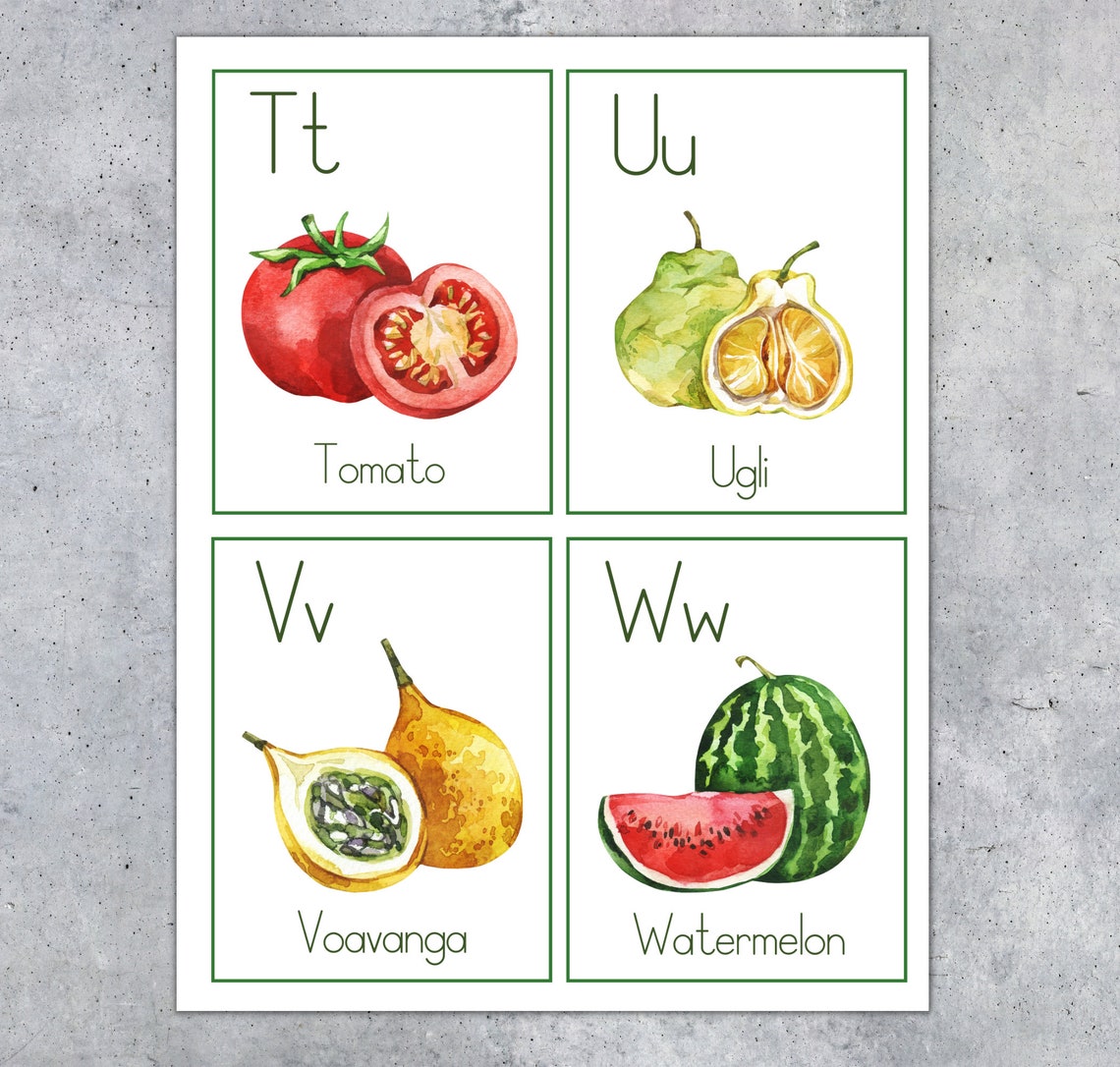 Fruit and Vegetables Alphabet Flashcards. Watercolor Letter Cards. Kids ...