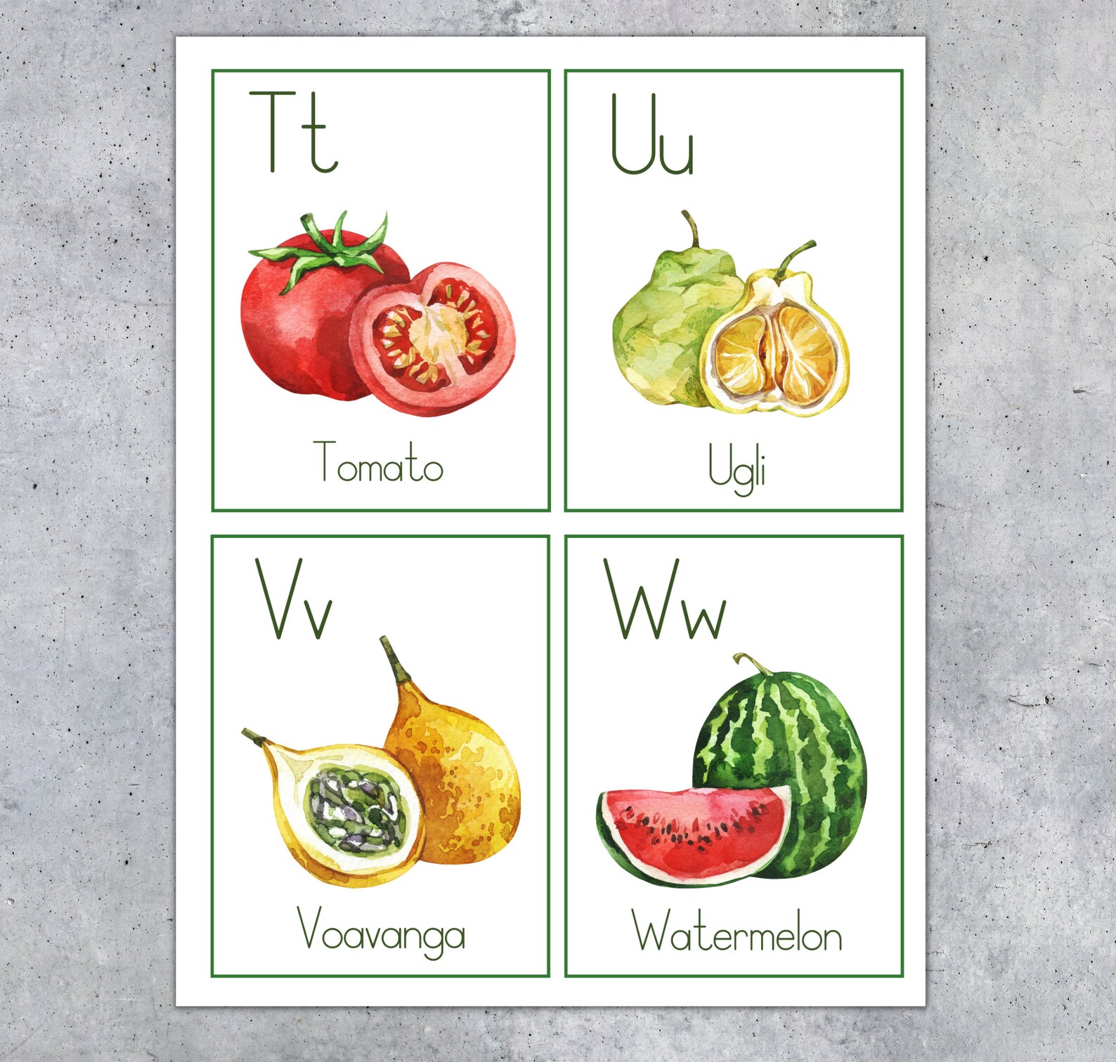 Fruit and Vegetables Alphabet Flashcards. Watercolor Letter Cards. Kids ...