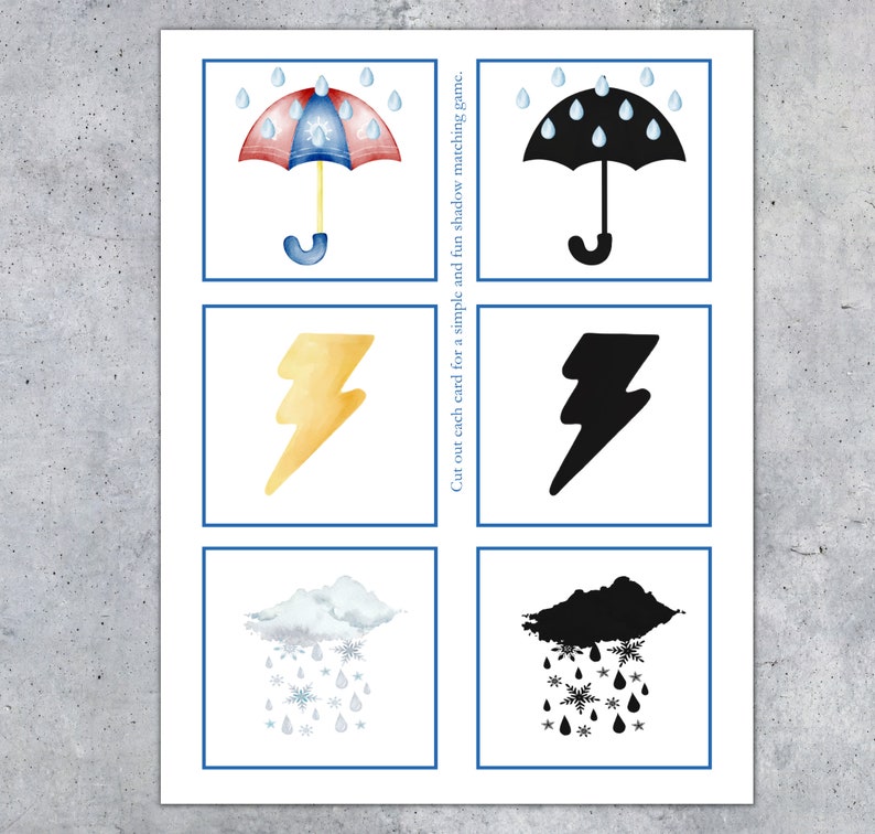 WEATHER Shadow Matching Cards. Toddler Montessori Printable. Instant ...