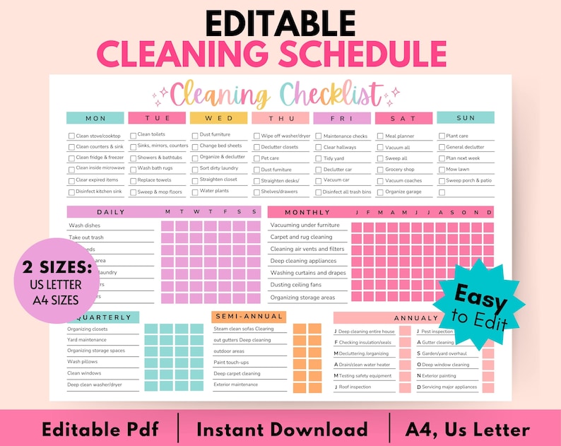 Printable Cleaning Planner, Schedule & Checklist (PDF) - Etsy