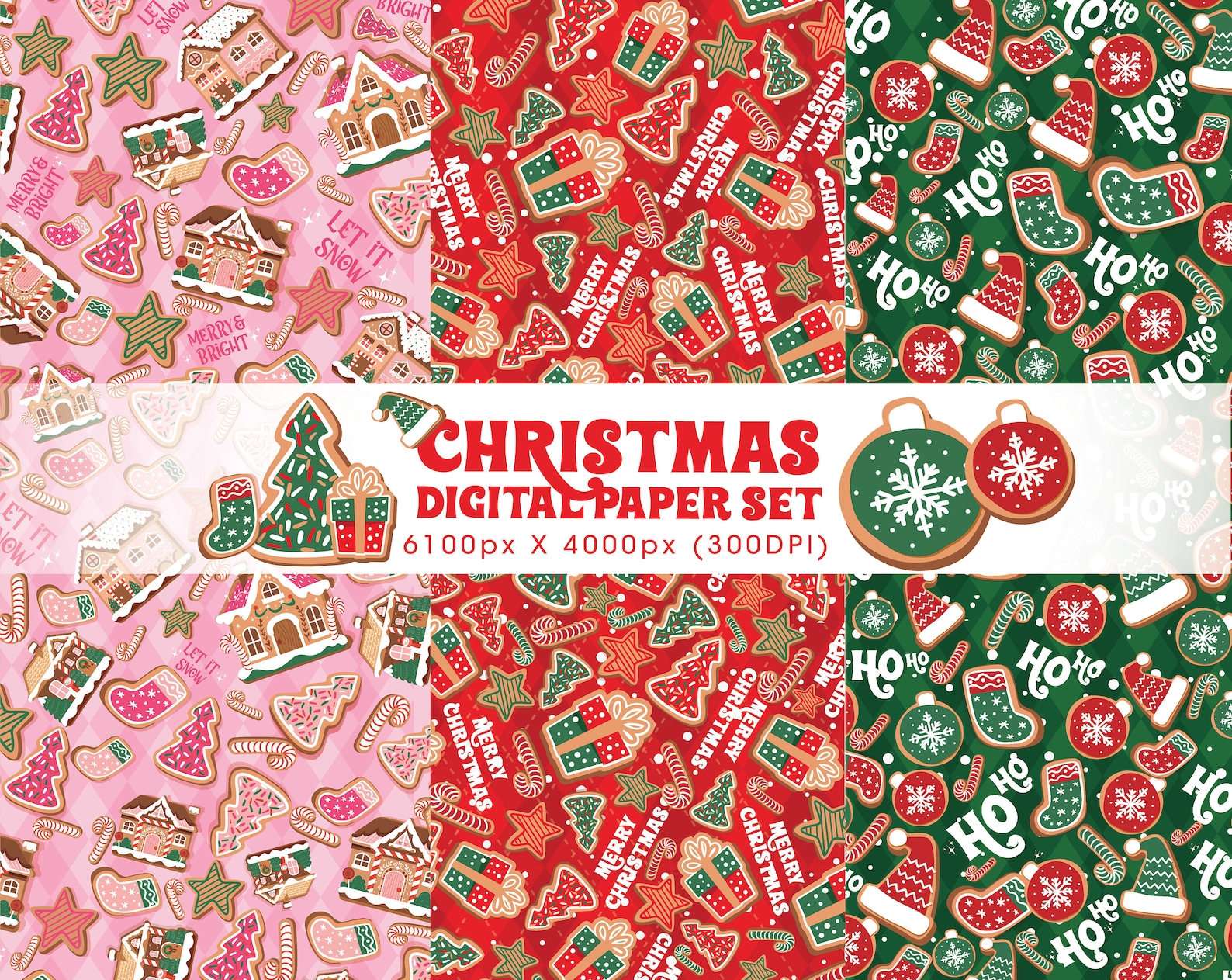 Cute Printable Christmas Digital Paper Set, Christmas Gift Wrap ...