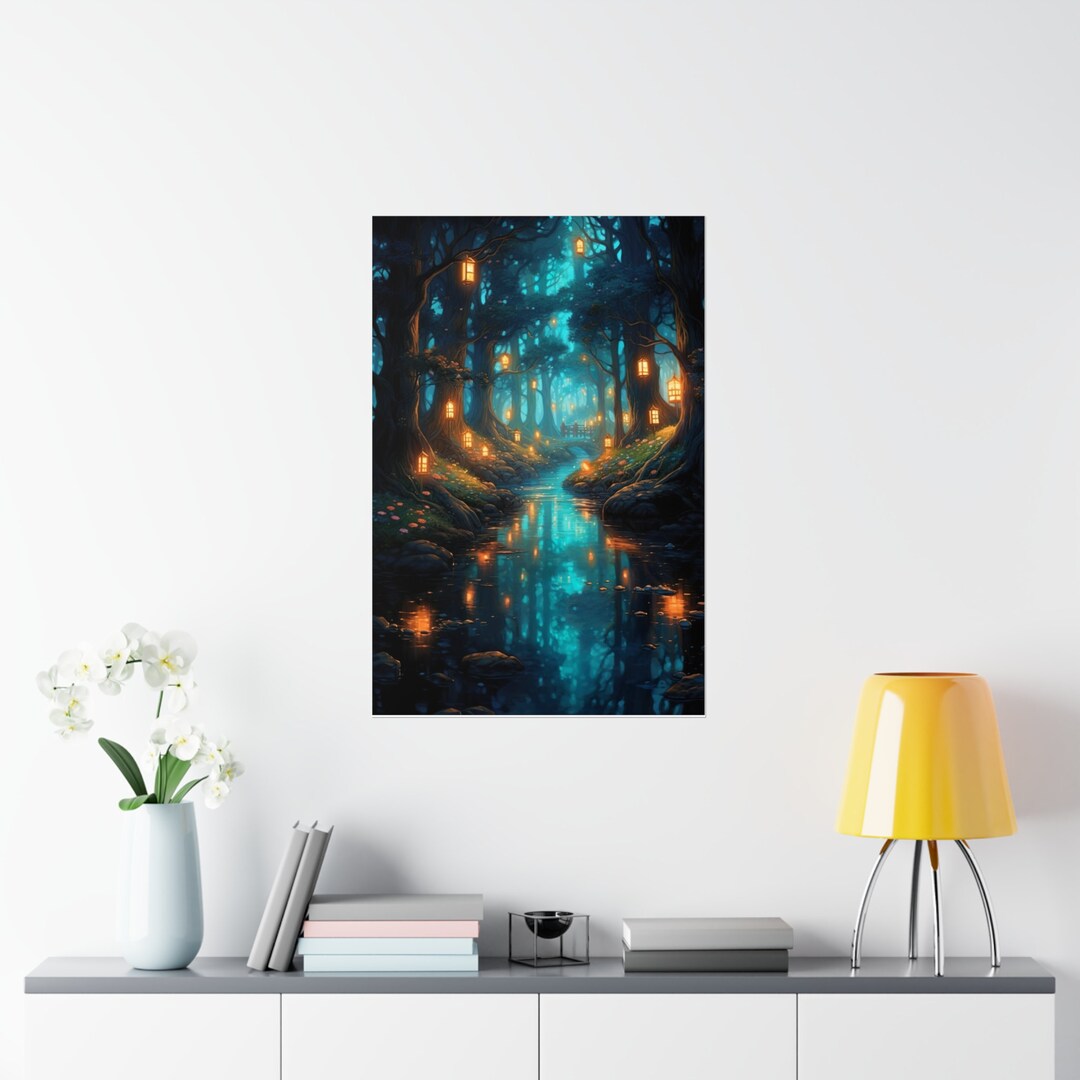 Fantasy Forest Wall Art Print - Lanterns, Trees and a River - Fantasy ...