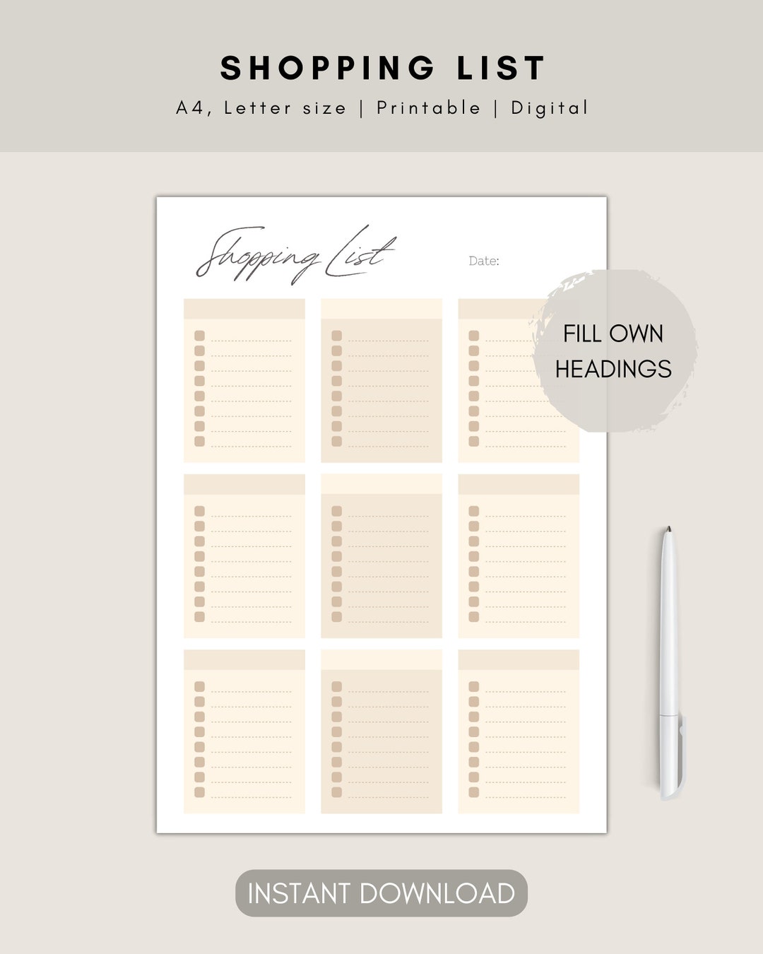 Beige Shopping List Printable Shopping List Template to Buy List ...