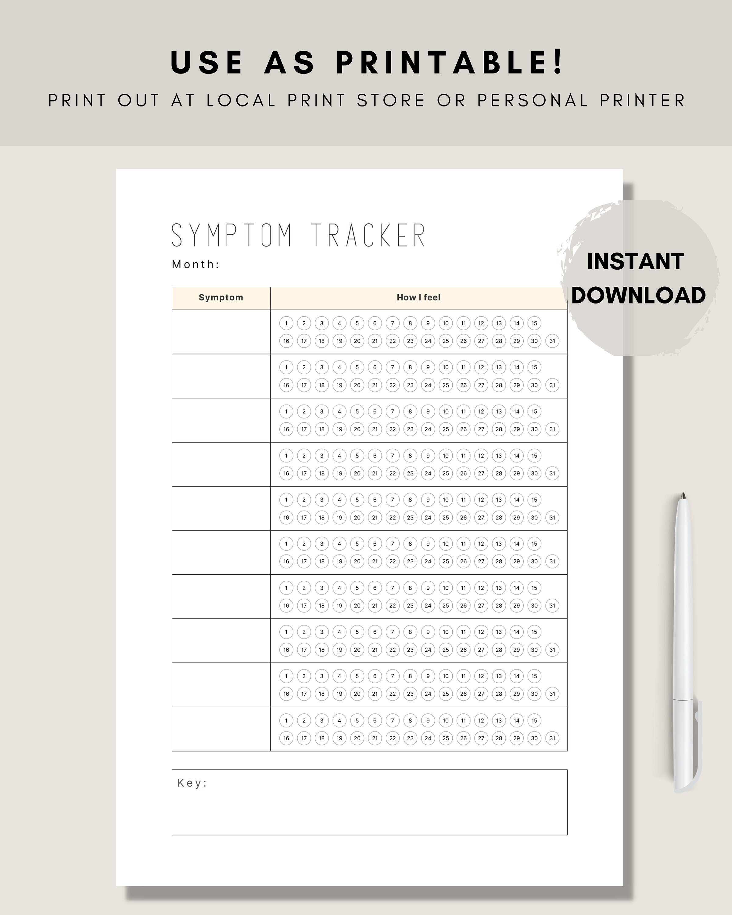 Monthly Symptom Tracker Printable, Simple Pain Tracker for Chronic ...