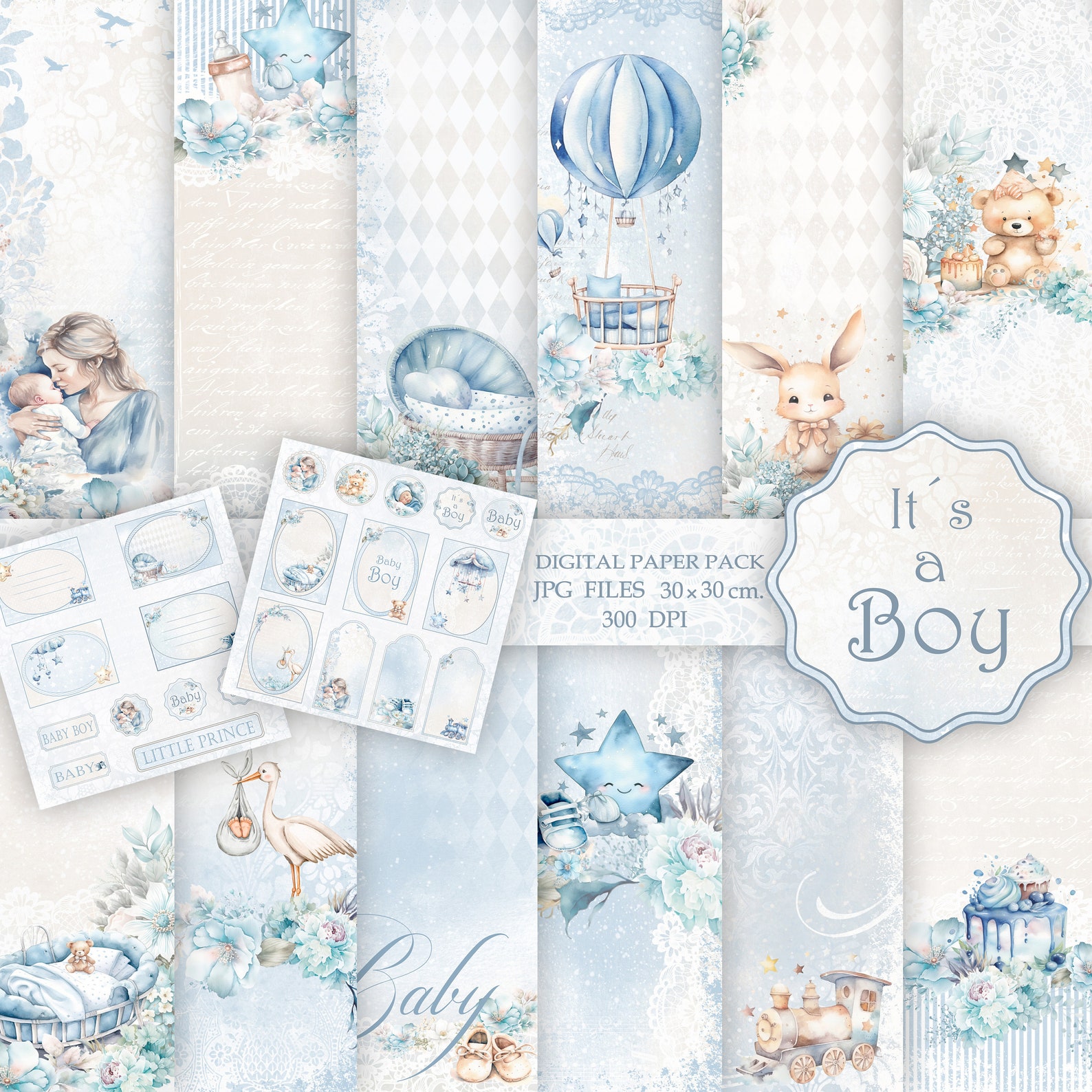 Baby Boy Digital Paper.baby Boy Scrapbook Nursery Background. Baby ...