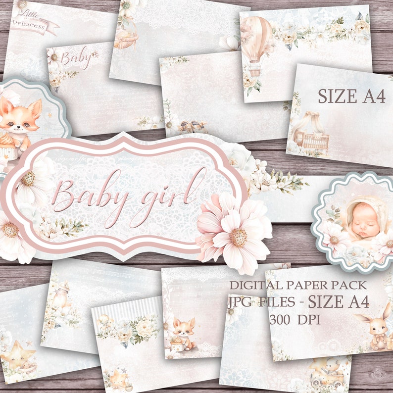 Size A4.Baby Girl Digital Paper.Baby Girl Scrapbook Nursery Background ...
