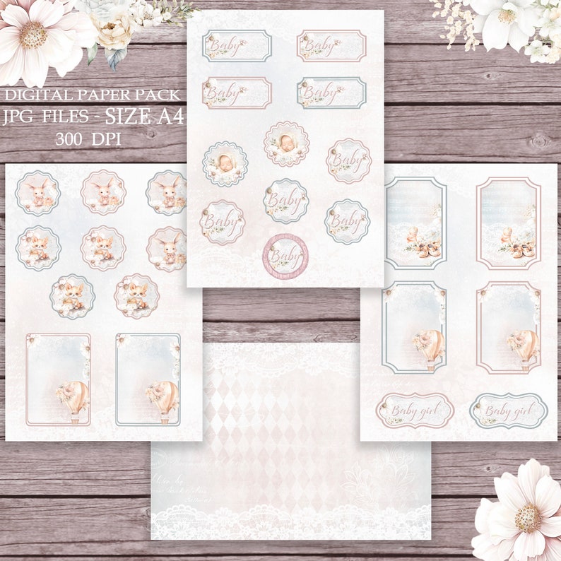Size A4.Baby Girl Digital Paper.Baby Girl Scrapbook Nursery Background ...
