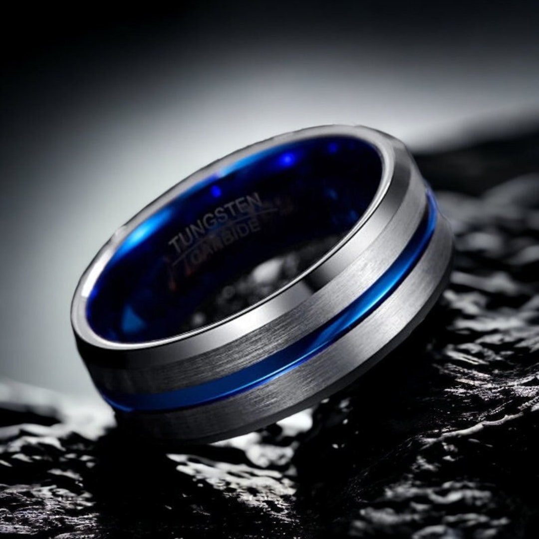 Firuzeh Silver Tungsten Ring With Sapphire Blue Inlaid Channel Wedding ...