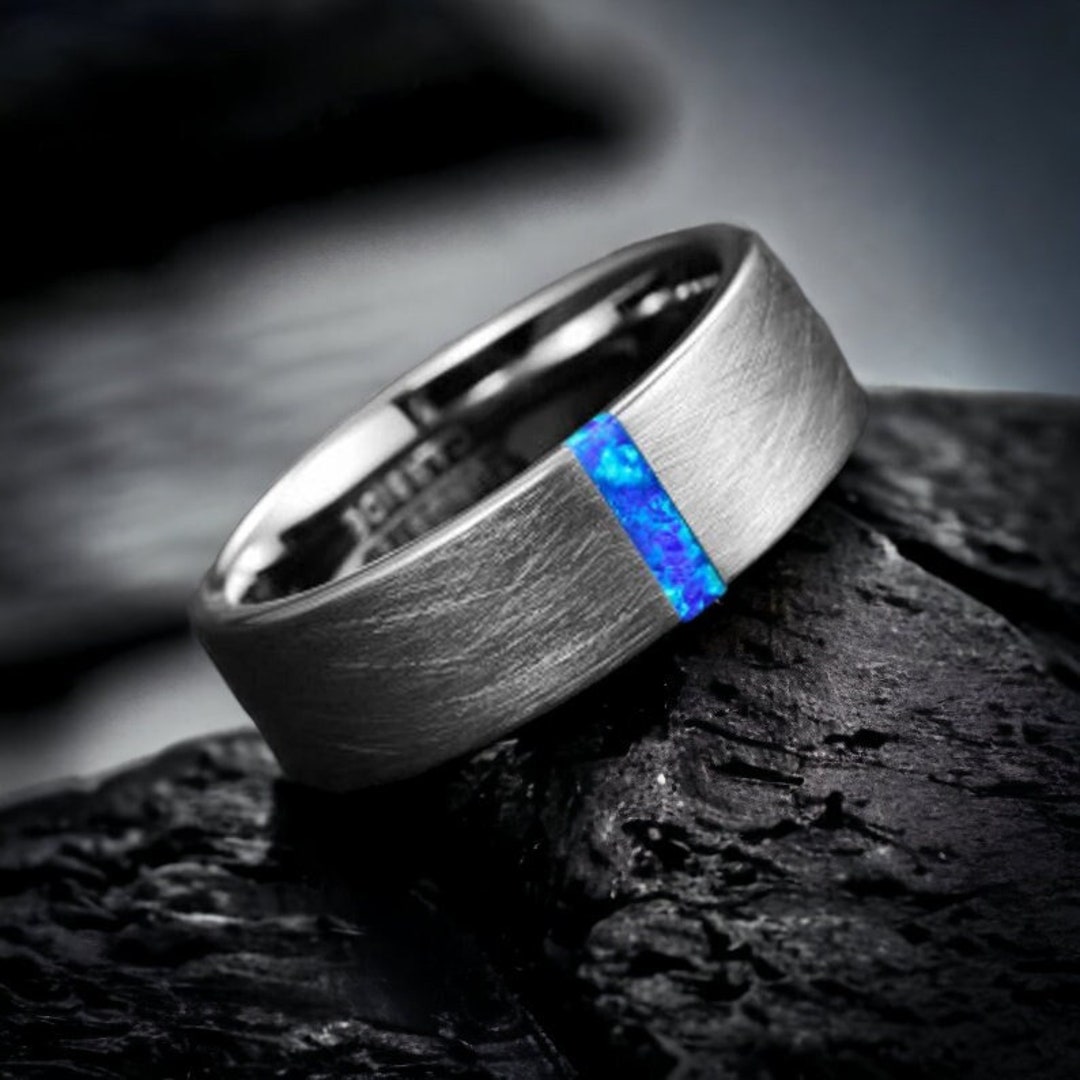 Baloo Brushed Silver Tungsten Ring With Inlaid Blue Opal Wedding Band ...