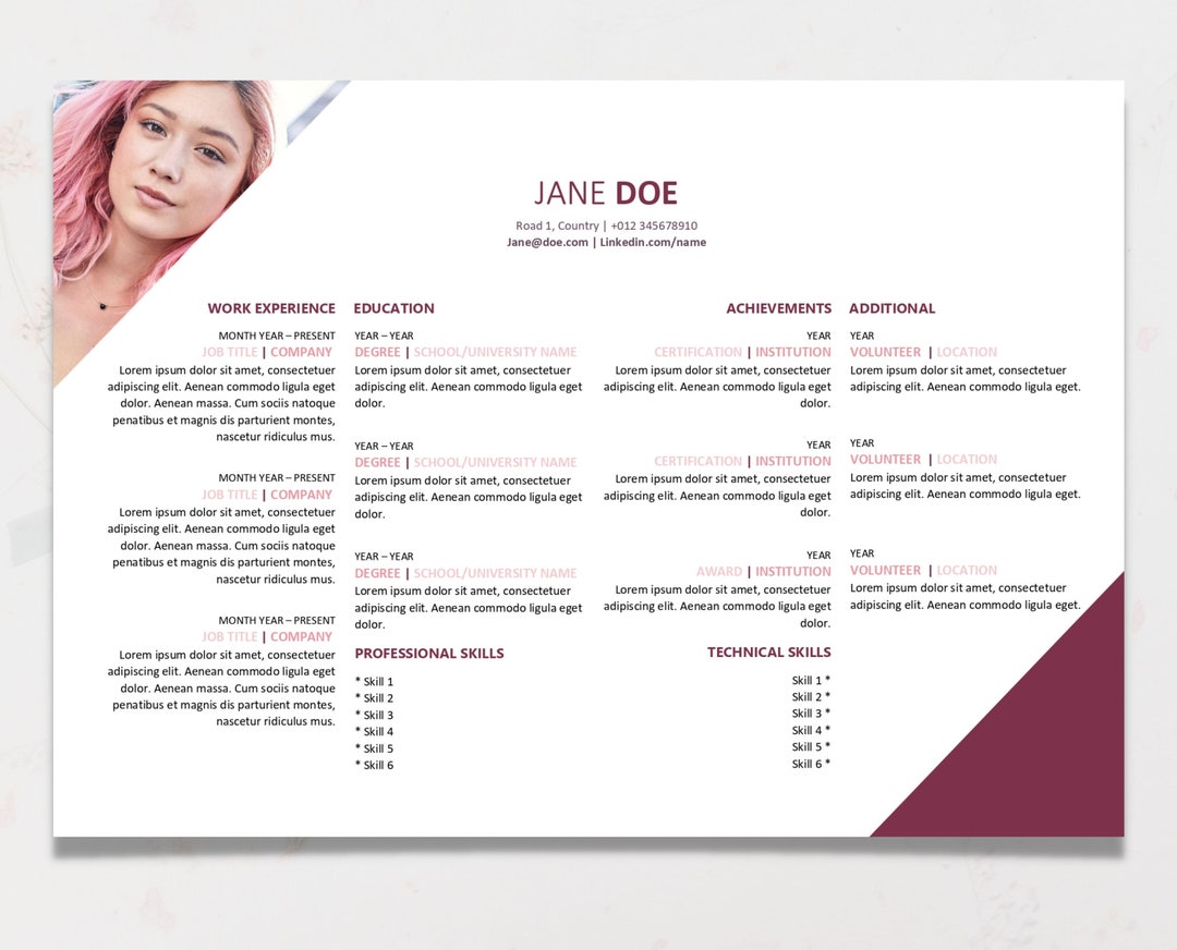 Unique Horizontal Resume CV Word Template - Etsy