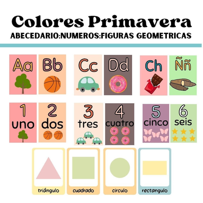 Abecedario numeros y figuras geometricas Colores Primaverales - Etsy México