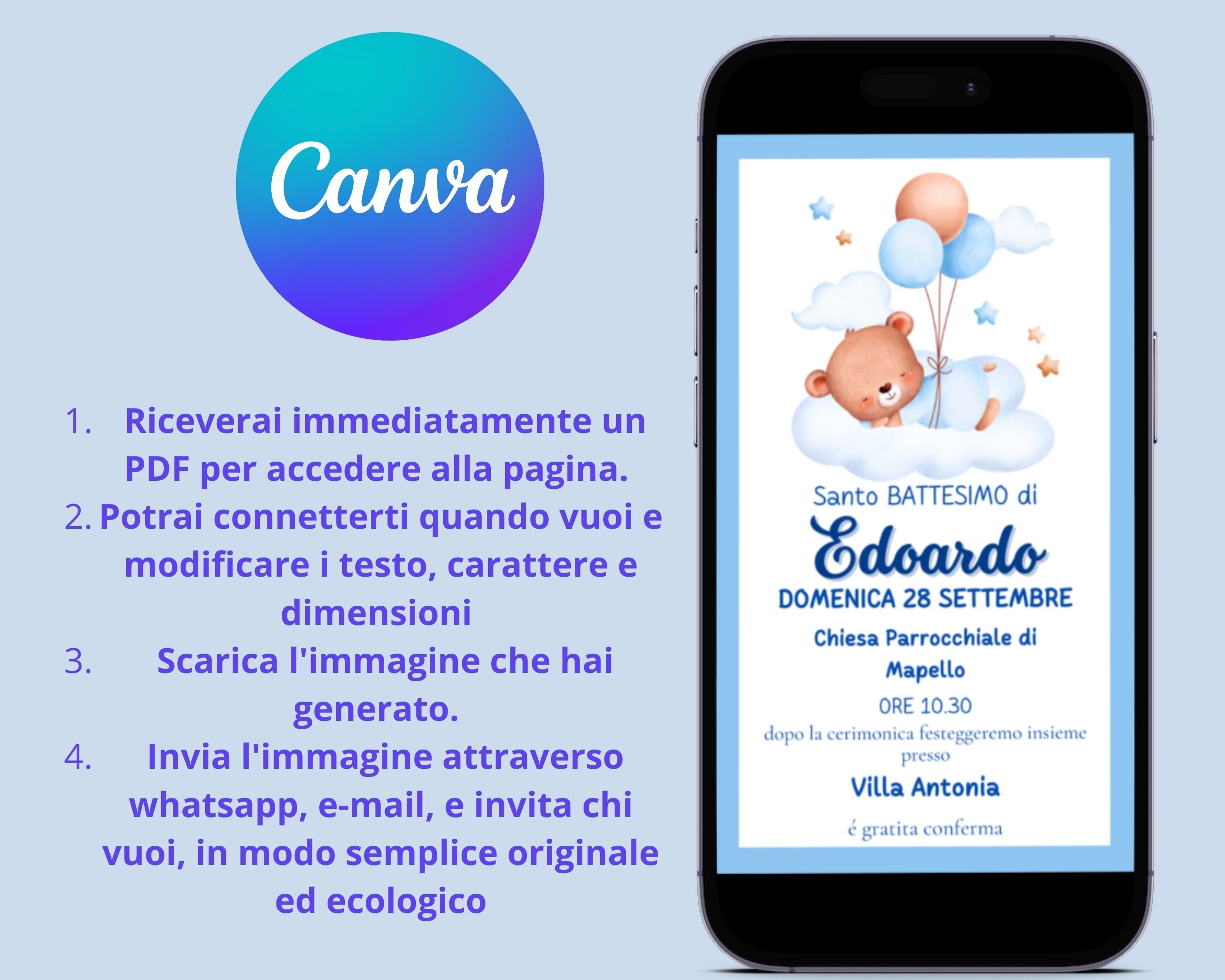 Invito battesimo digitale, Grafica personalizzabile, Download immediato ...