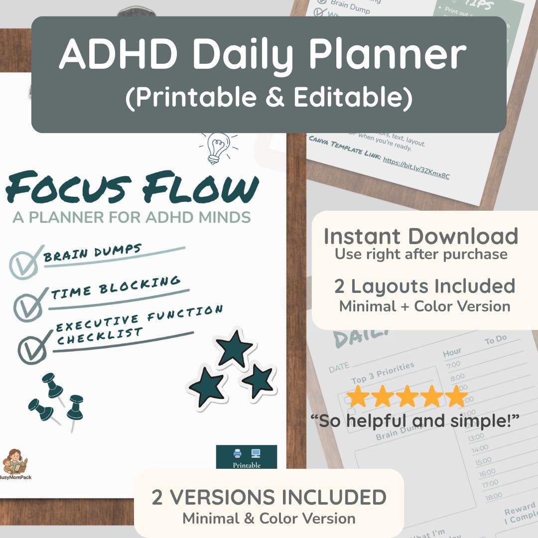ADHD Daily Planner | Focus Flow, Brain Dump (printable) - Etsy