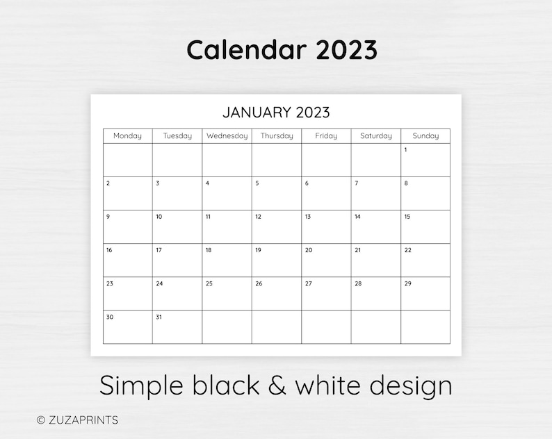 Printable 2023 Monthly Calendar in Black and White, Wall Calendar, A4 ...